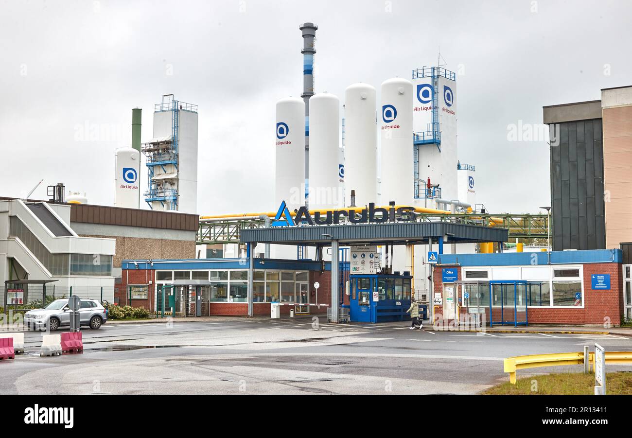 Hamburg, Germany. 11th May, 2023. View of the entrance gate to Aurubis ...