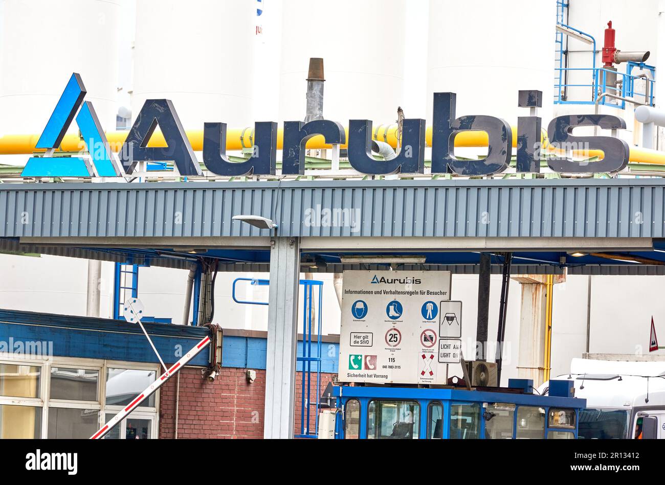Hamburg, Germany. 11th May, 2023. View of the "Aurubis" lettering above ...