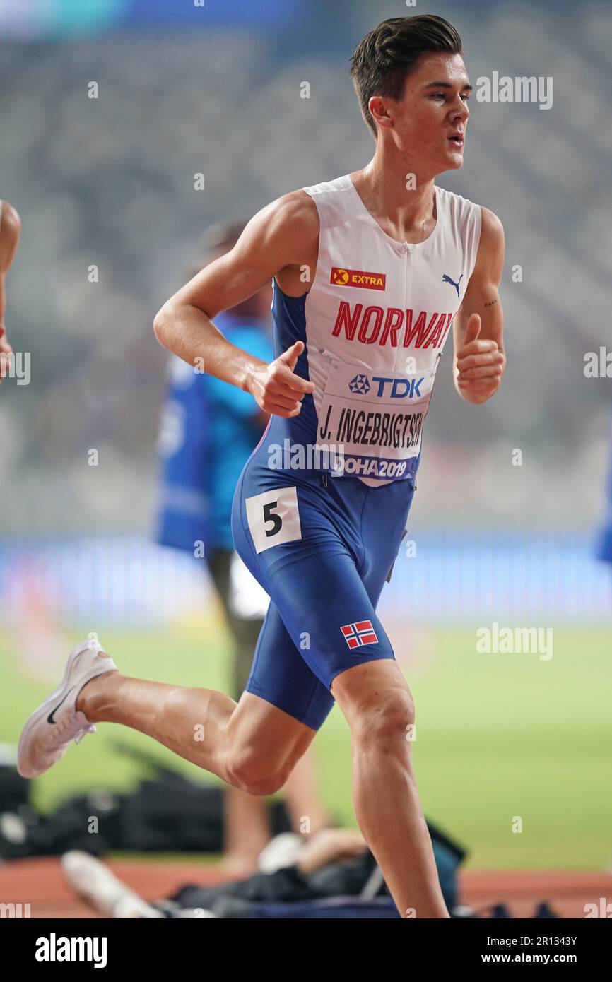 Jakob Ingebrigtsen participating in the 5000 meters at the 2019 World Athletics Championships in ...
