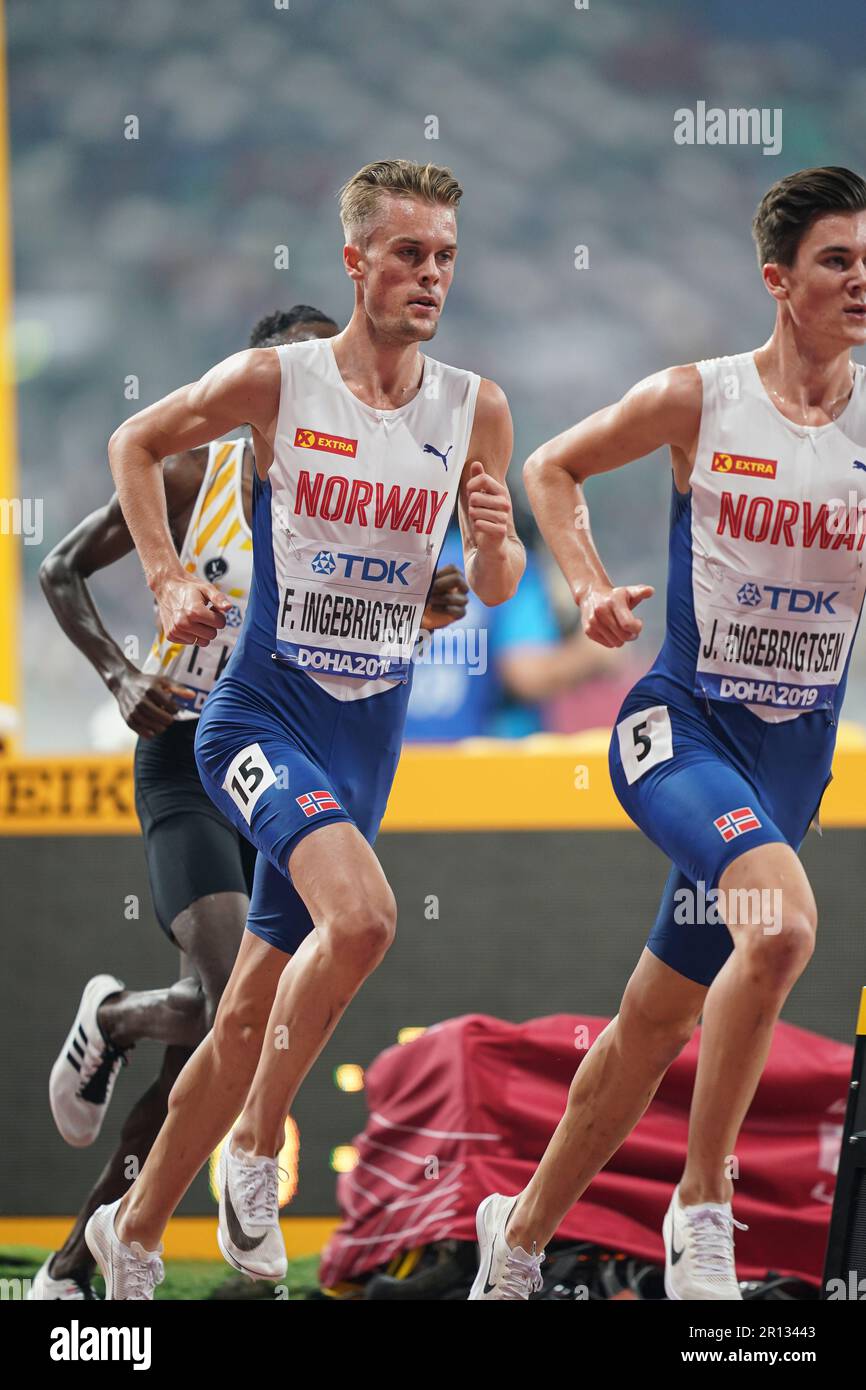 Filip Ingebrigtsen participating in the 5000 meters at the 2019 World ...