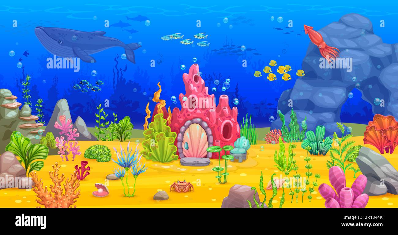 Cartoon coral reef house, game level underwater landscape. Underwater ...