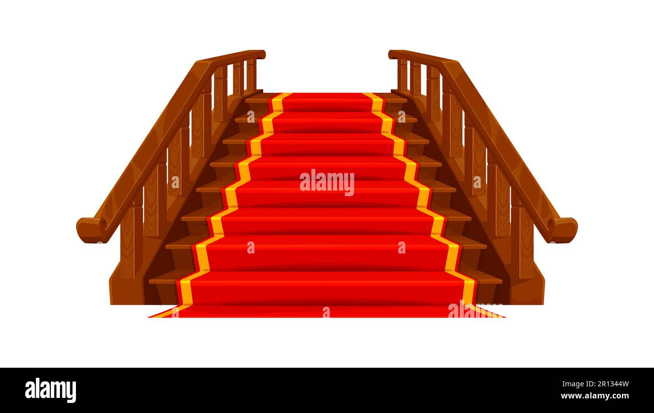 Castle and palace staircase. Wooden stair with red carpet. Isolated ...