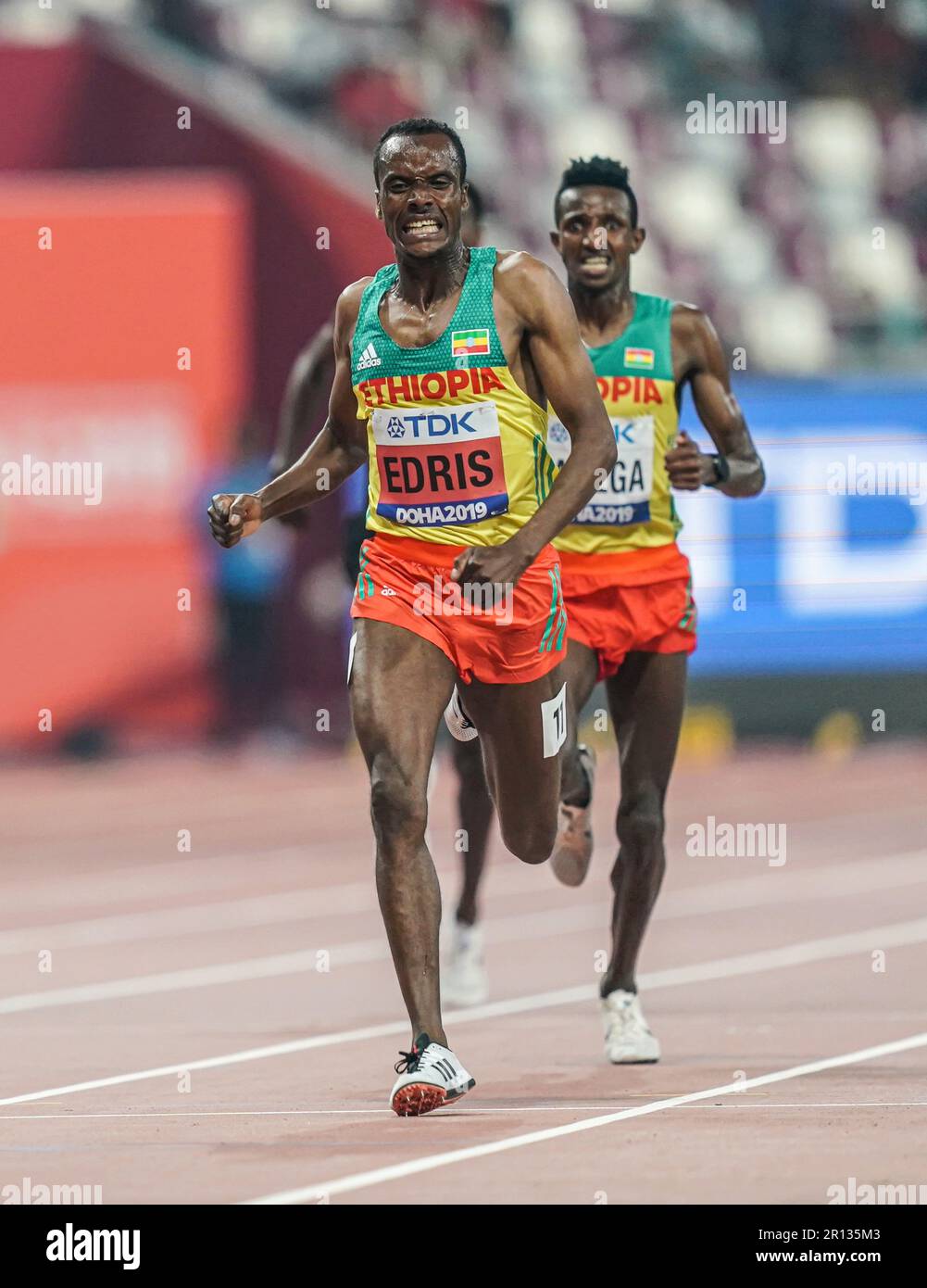 Muktar Edris winning in the 5000 meters at the 2019 World Athletics ...