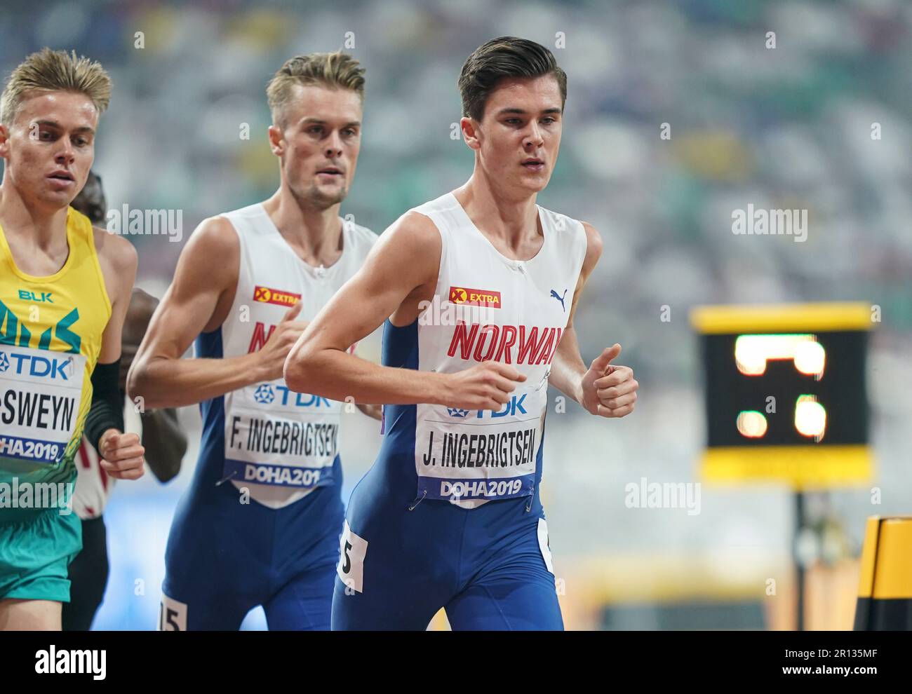 Jakob Ingebrigtsen participating in the 5000 meters at the 2019 World Athletics Championships in ...