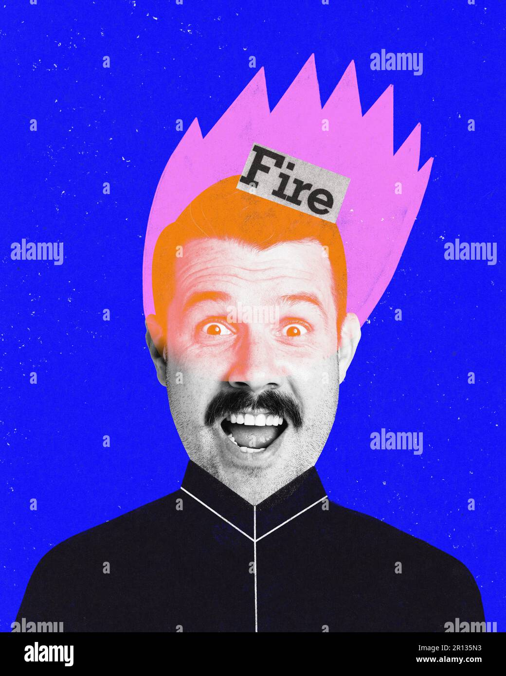 Contemporary art collage with screaming man, office worker with burning ...