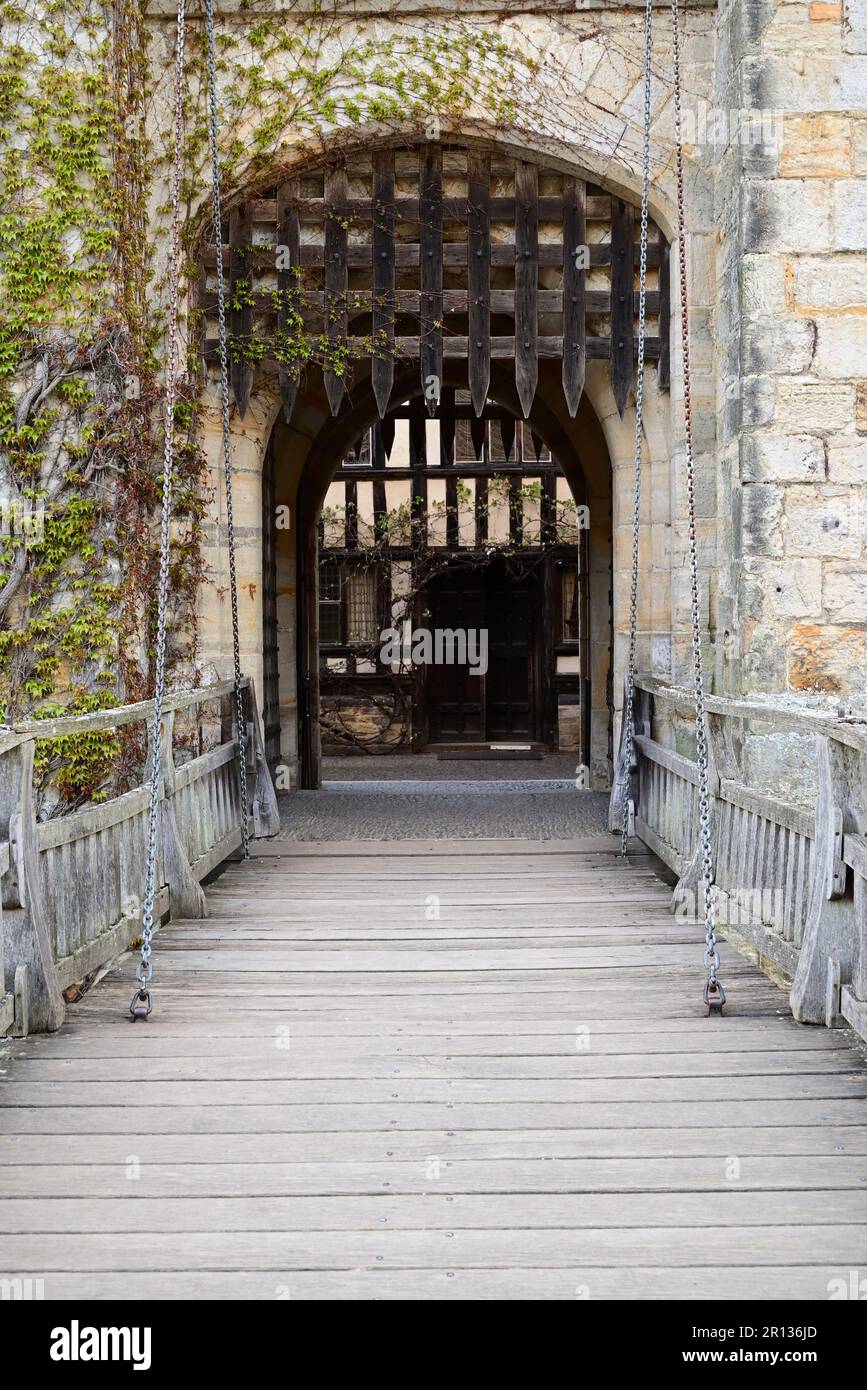 Hever Castle, the childhood home of Anne Boleyn, showing the drawbridge ...