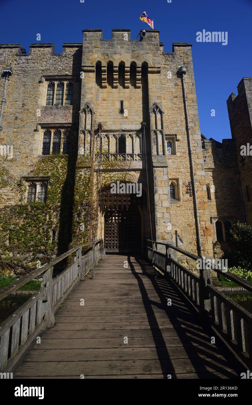 Hever Castle, the childhood home of Anne Boleyn, showing the drawbridge ...