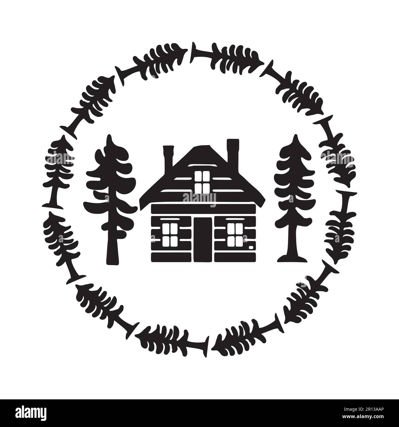 Wooden log cabin in scandi linocut style vector illustration. Alpine ...