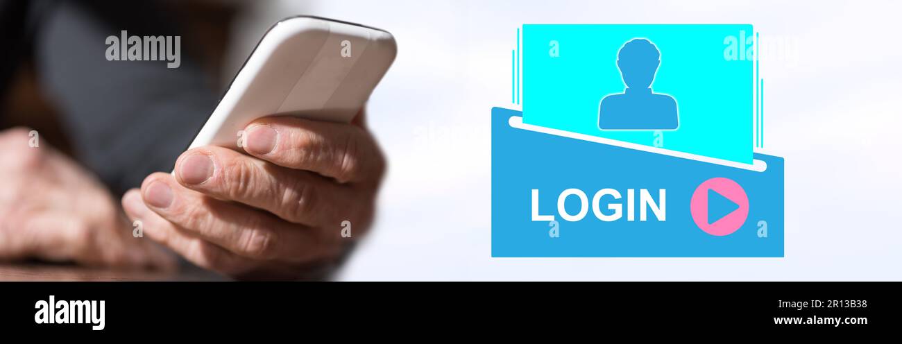 Hand holding mobil phone with login concept on background Stock Photo ...