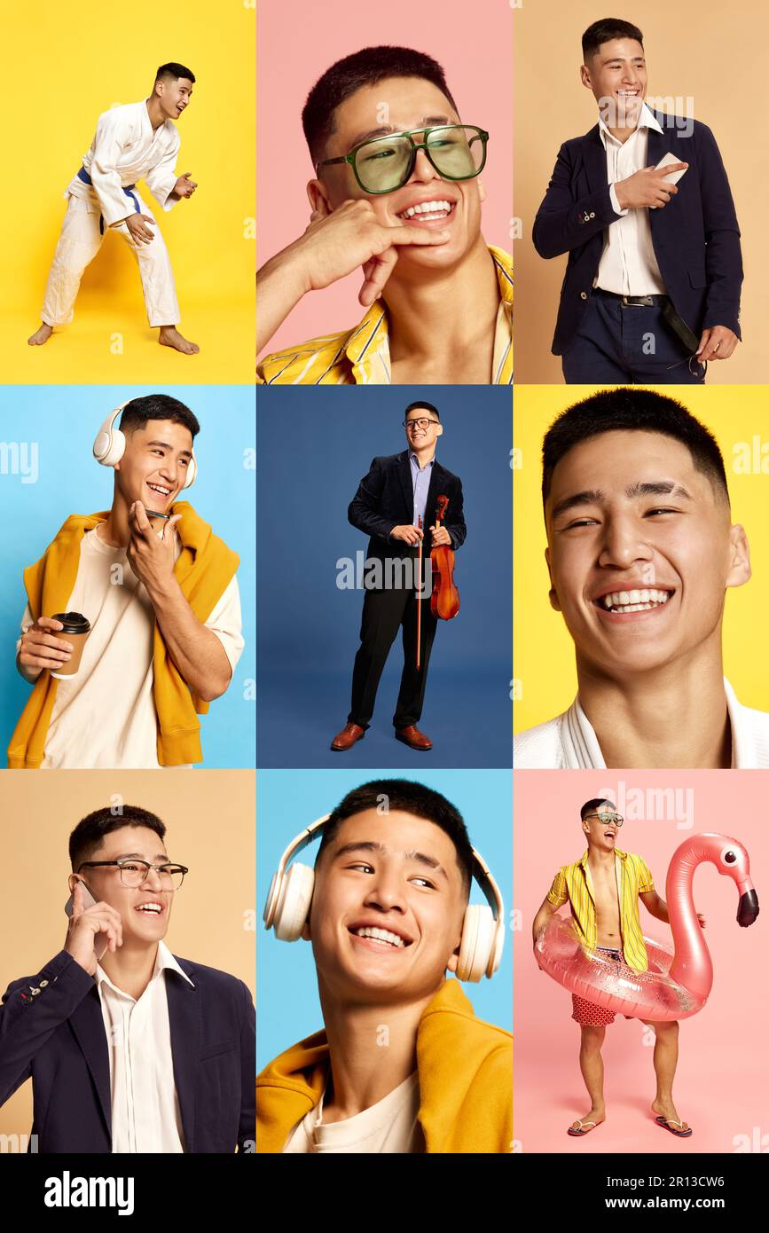 Collage made of images of smiling young handsome guy, man in different ...
