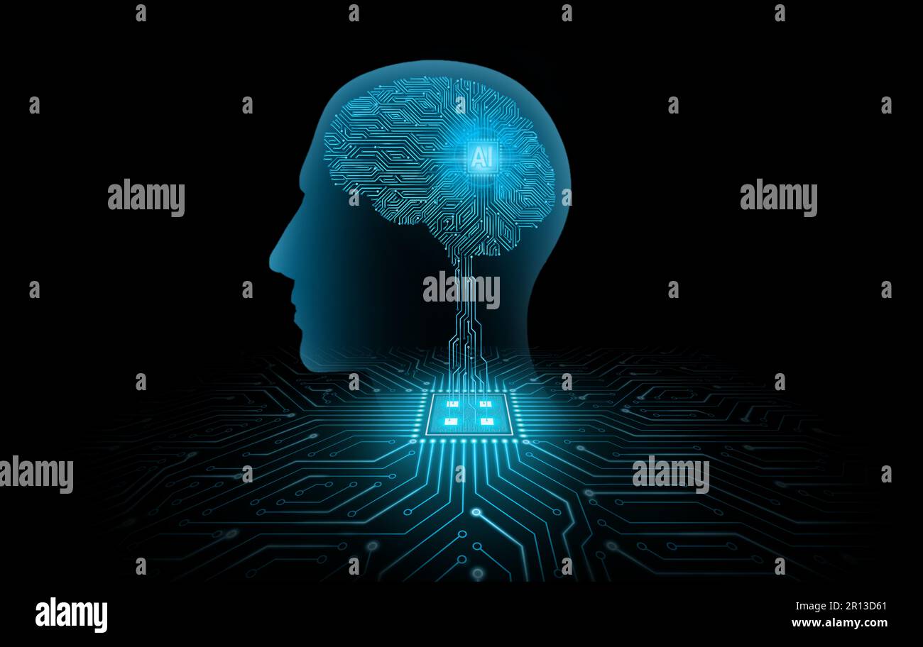 Silhouette of human head with circuit brain on dark background. Artificial intelligence concept ...