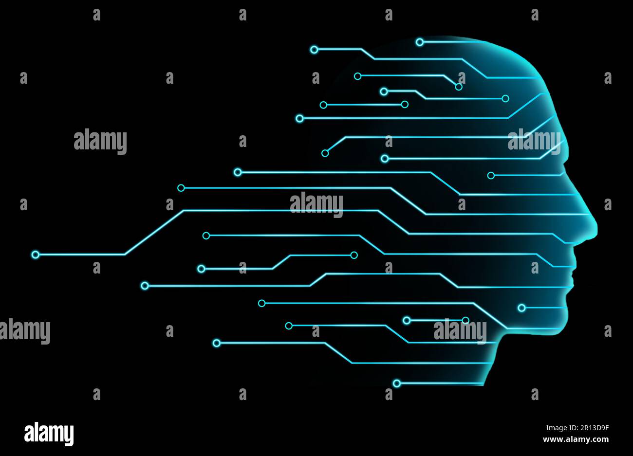 head blue circuit Artificial intelligence (AI) concept. Silhouette of human head with circuit ...
