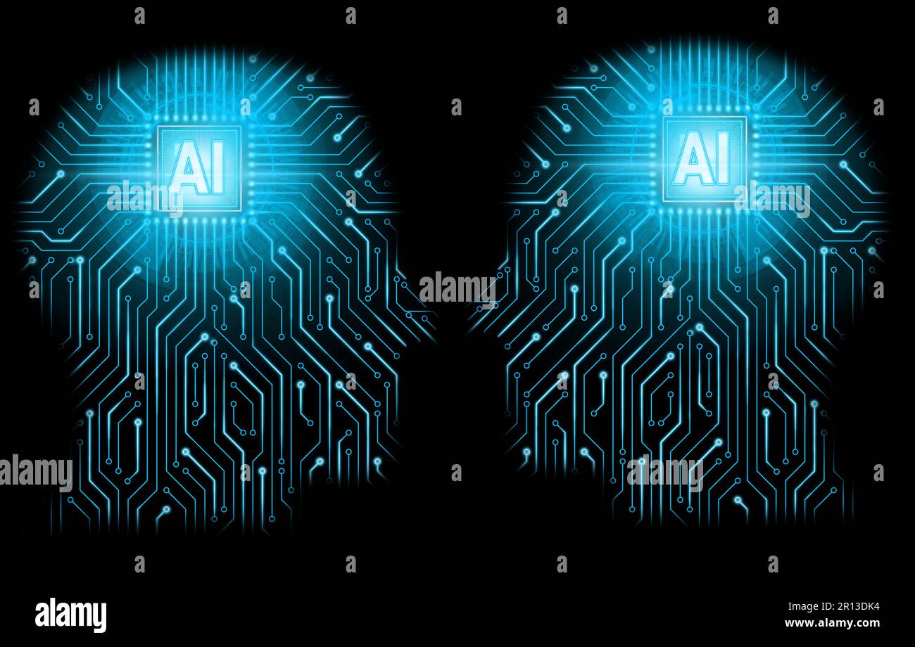 Human head microchip in brain and circuit board blue line glow artificial intelligence concept ...