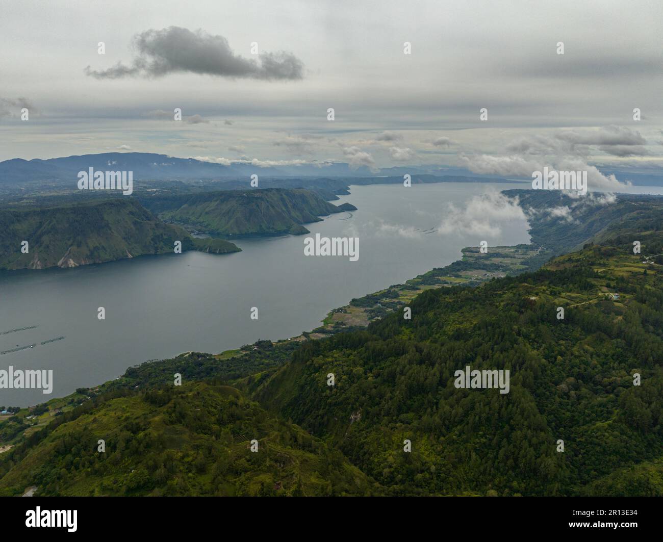 Aerial drone of Samosir Island and Lake Toba in Sumatra. Tropical ...