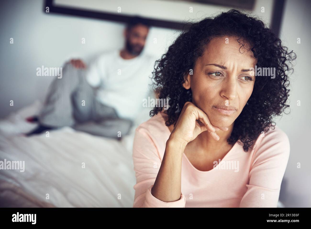 Angry, sad and couple in bedroom for problem, divorce decision and ...