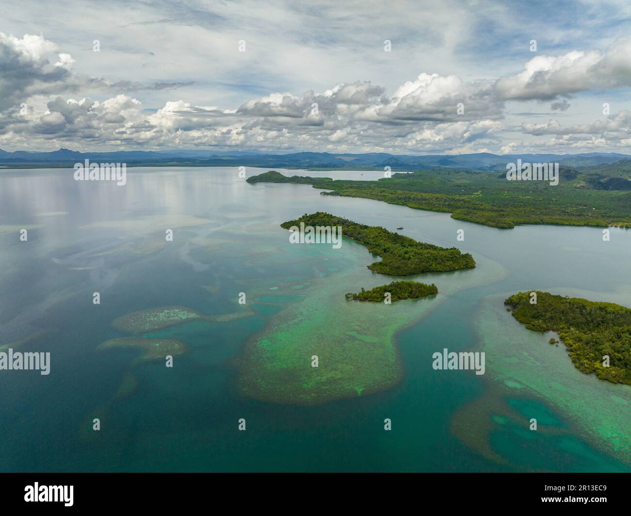 Top view of coast with rainforest and tropical islands in the bay ...