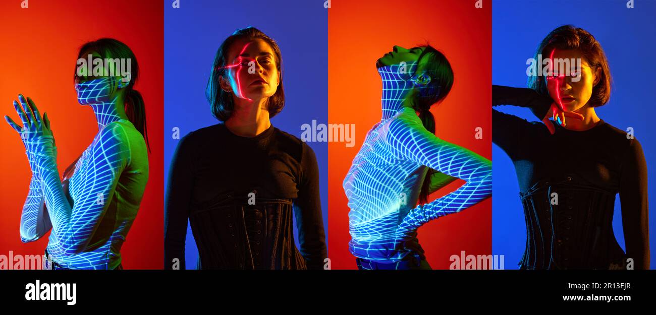 Collage with beautiful female portraits with digital neon filter lights ...