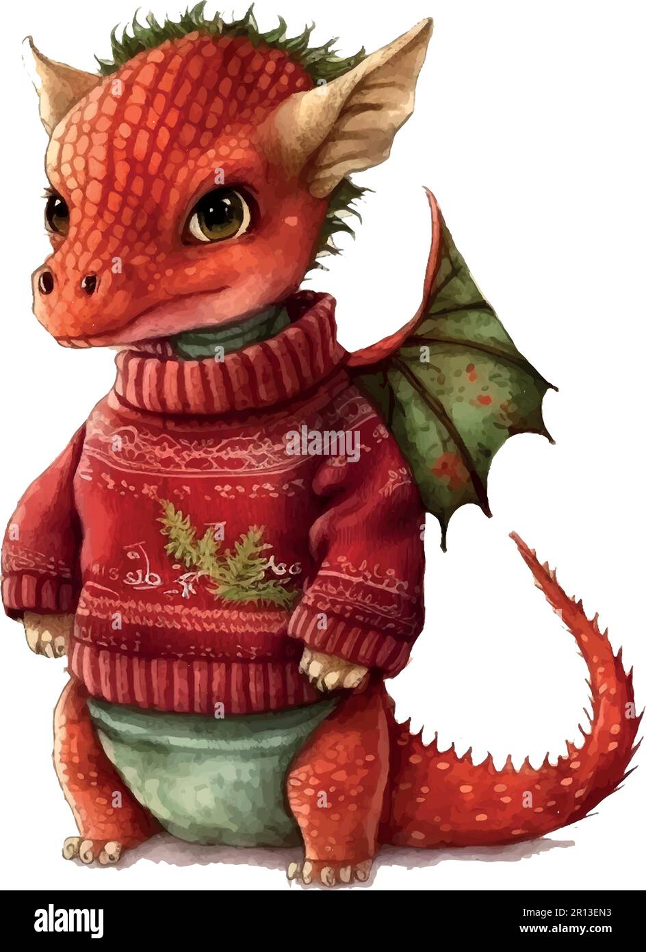 Fantasy cute dragon with christmas sweater, great design watercolor ...