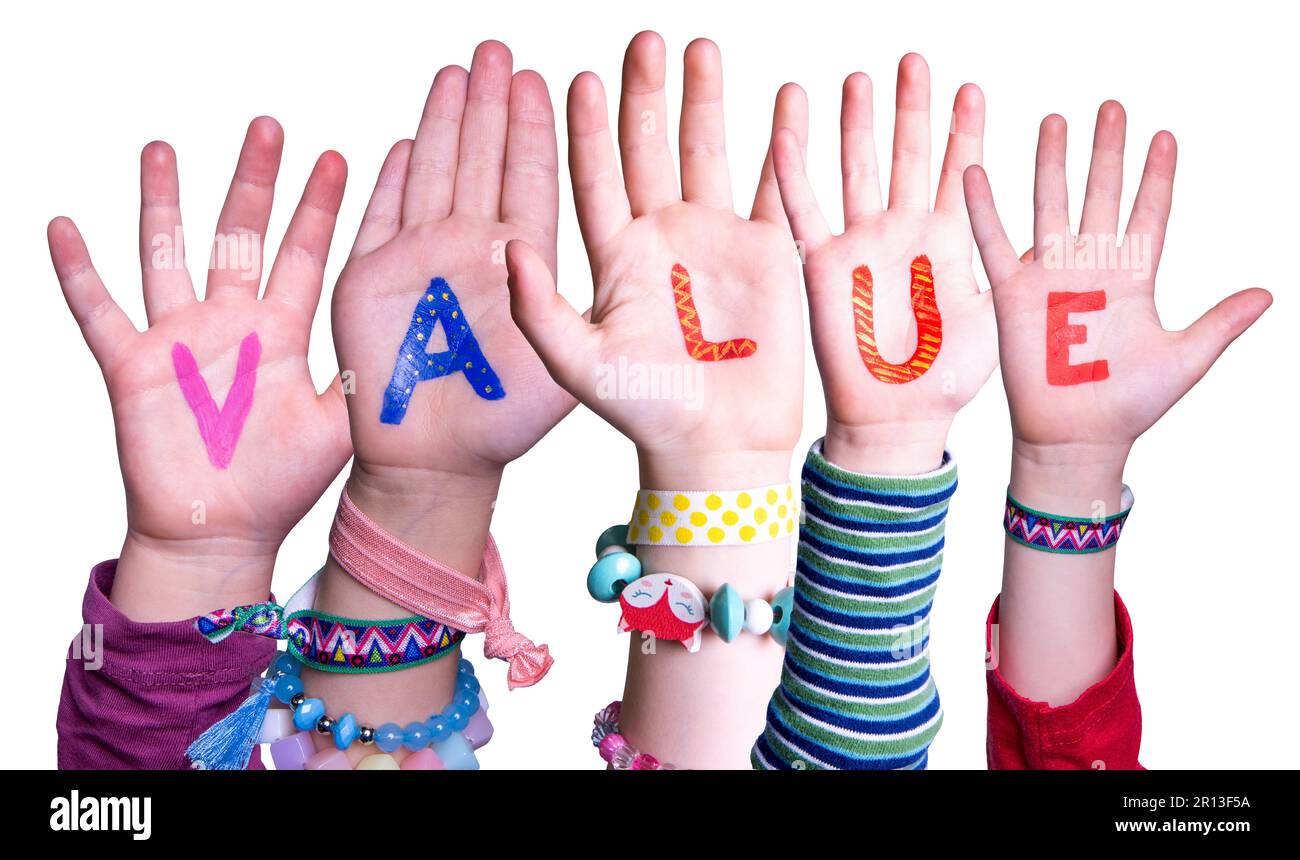 Children Hands Building Word Value. White Background Stock Photo - Alamy