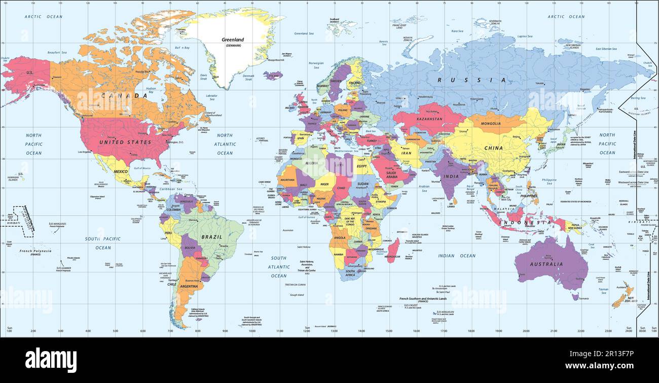 Color blind friendly political World Map Miller projection Stock Vector ...