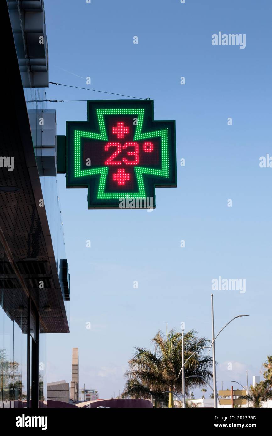 Temperature sign on shop front on the main street Corralejo ...