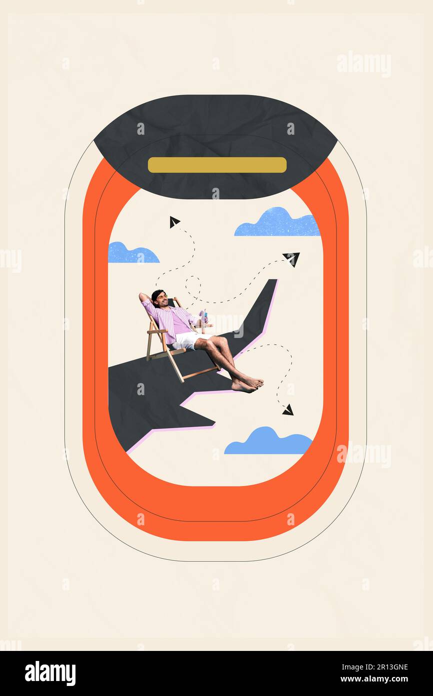 Vertical collage image of carefree mini guy airplane window wing ...