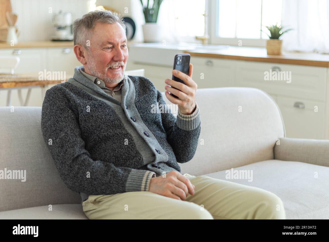 Happy middle aged senior man talk on video call with friends family ...