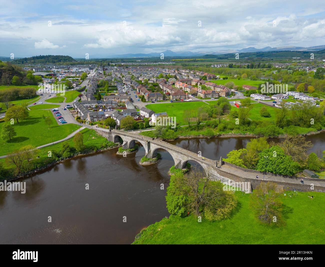 Aerial view of old Stirling bridge crossing the River Forth in Stirling ...