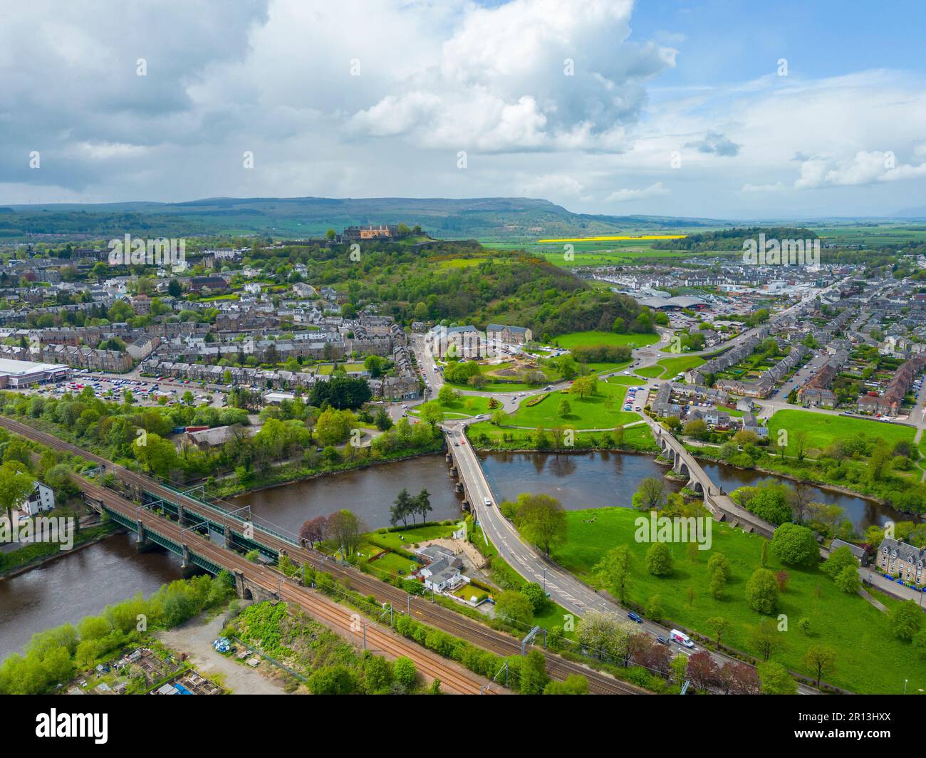 Aerial view of bridges crossing the River Forth in Stirling, Scotland ...