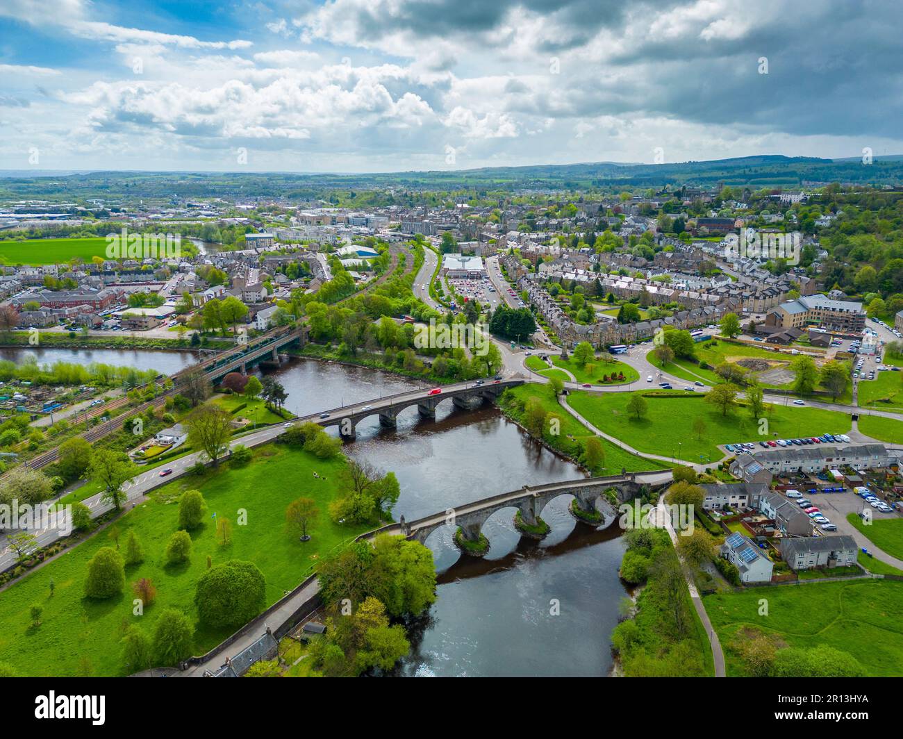 Aerial view of bridges crossing the River Forth in Stirling, Scotland ...