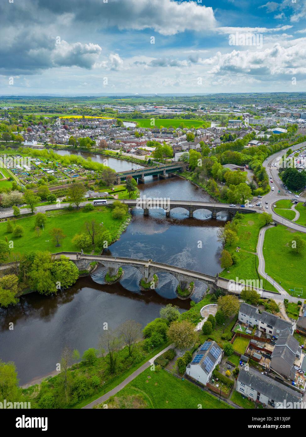 Aerial view of bridges crossing the River Forth in Stirling, Scotland ...