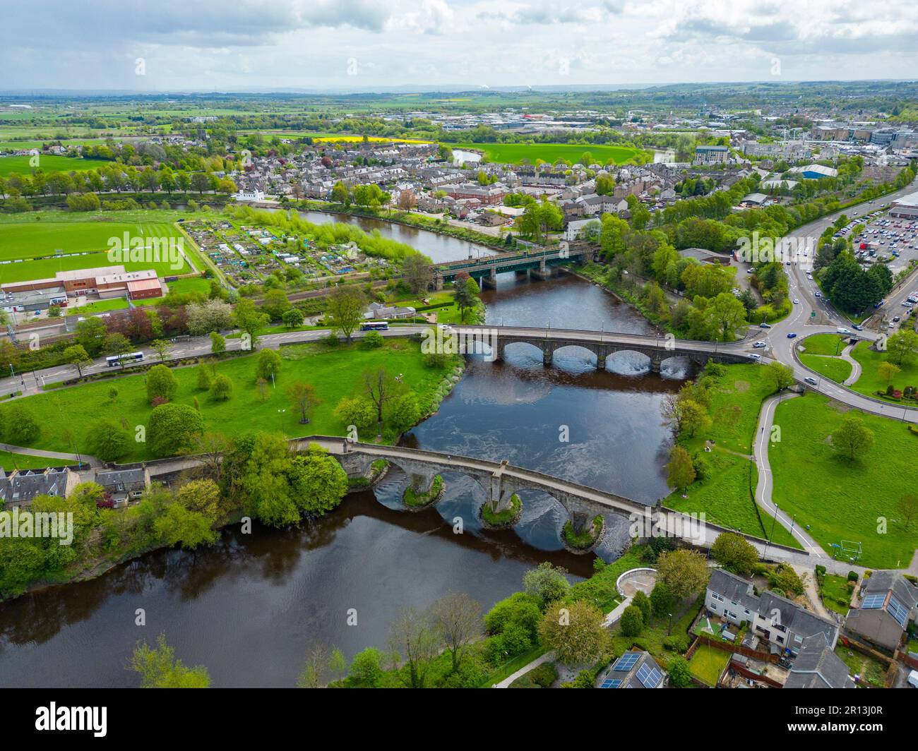 Aerial view of bridges crossing the River Forth in Stirling, Scotland ...