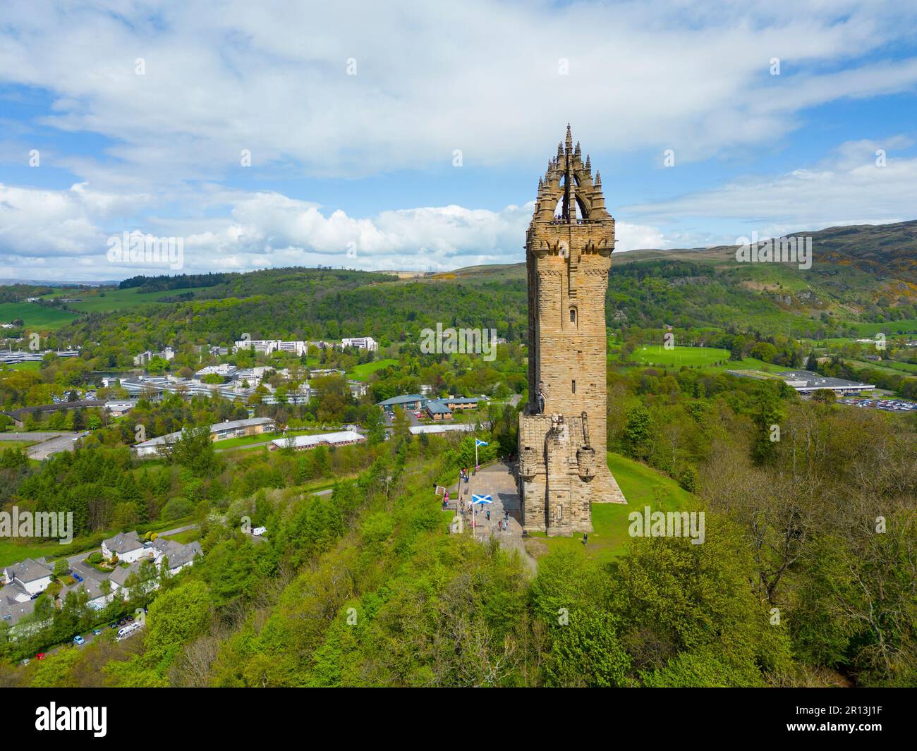 Aerial view of the National Wallace monument in Stirling, Scotland, UK ...