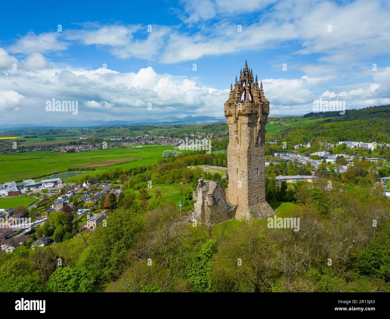 Aerial view of the National Wallace monument in Stirling, Scotland, UK ...