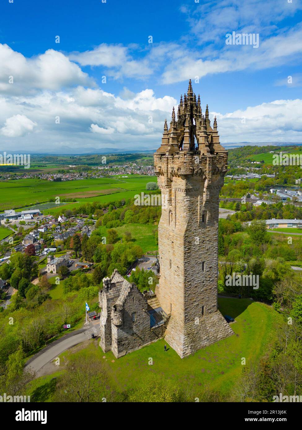 Aerial view of the National Wallace monument in Stirling, Scotland, UK ...