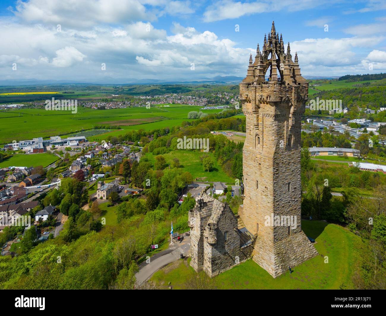 Aerial view of the National Wallace monument in Stirling, Scotland, UK ...