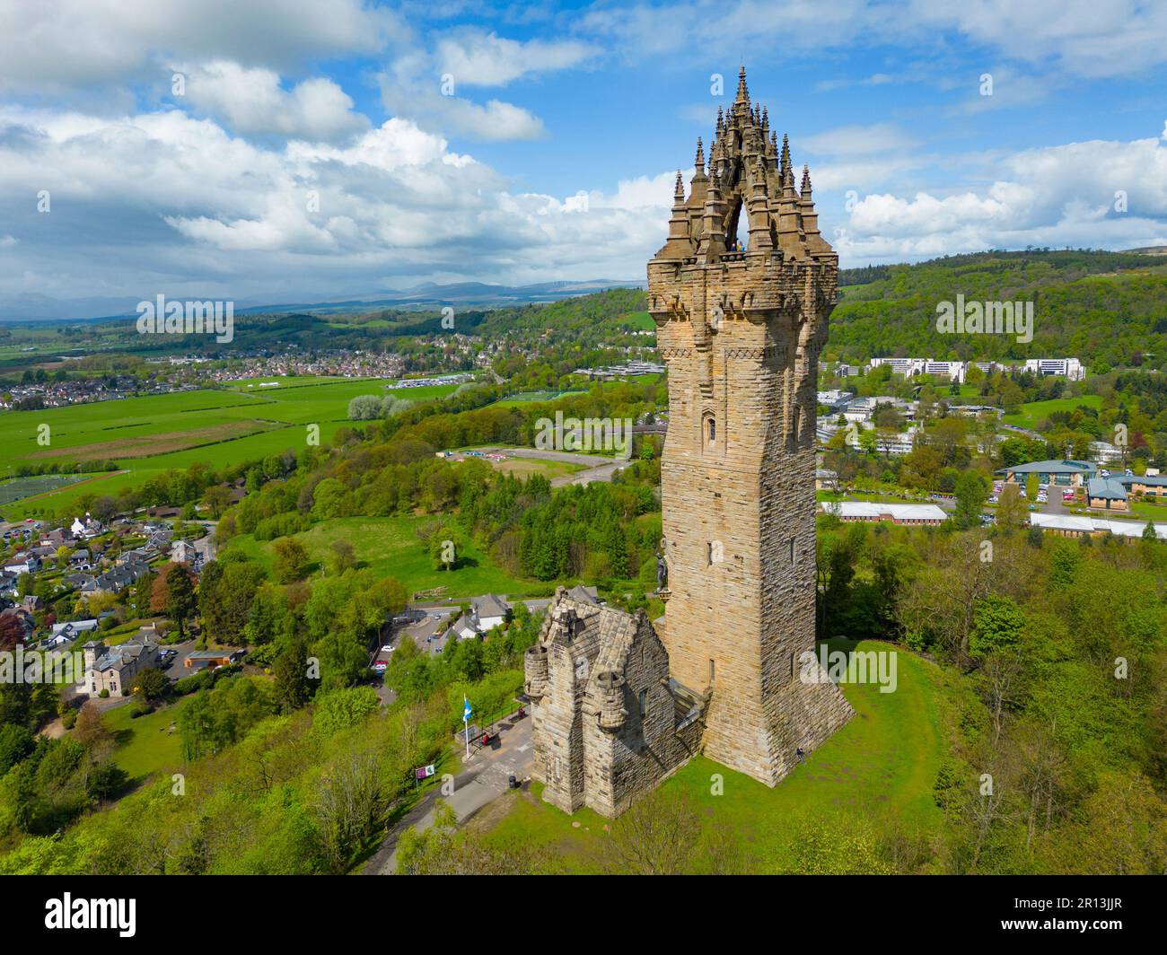 Aerial view of the National Wallace monument in Stirling, Scotland, UK ...