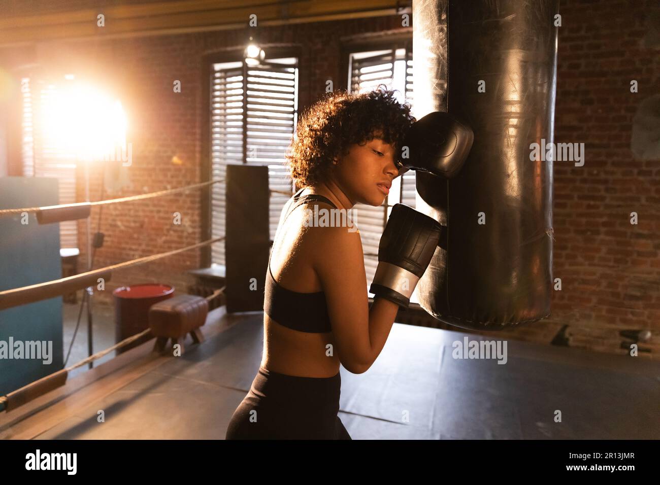 Women self defense girl power. African american woman fighter resting ...
