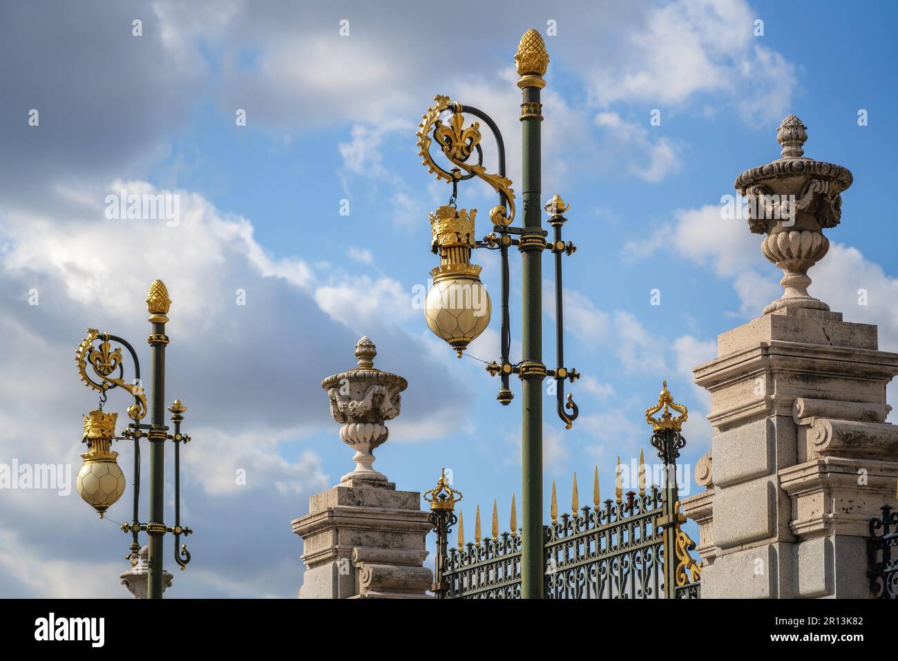 Lamp Posts in front of Royal Palace of Madrid - Madrid, Spain Stock ...