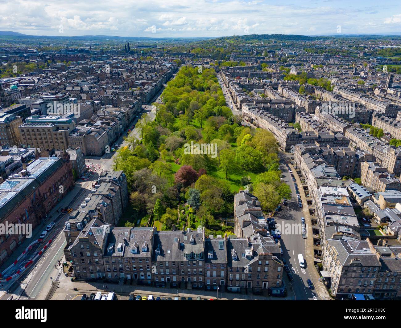 Aerial view of private gardens along Queen Street in Edinburgh New Town ...