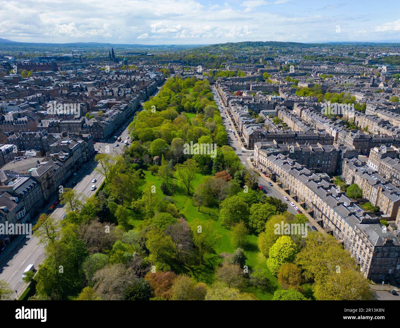 Aerial view of private gardens along Queen Street in Edinburgh New Town ...