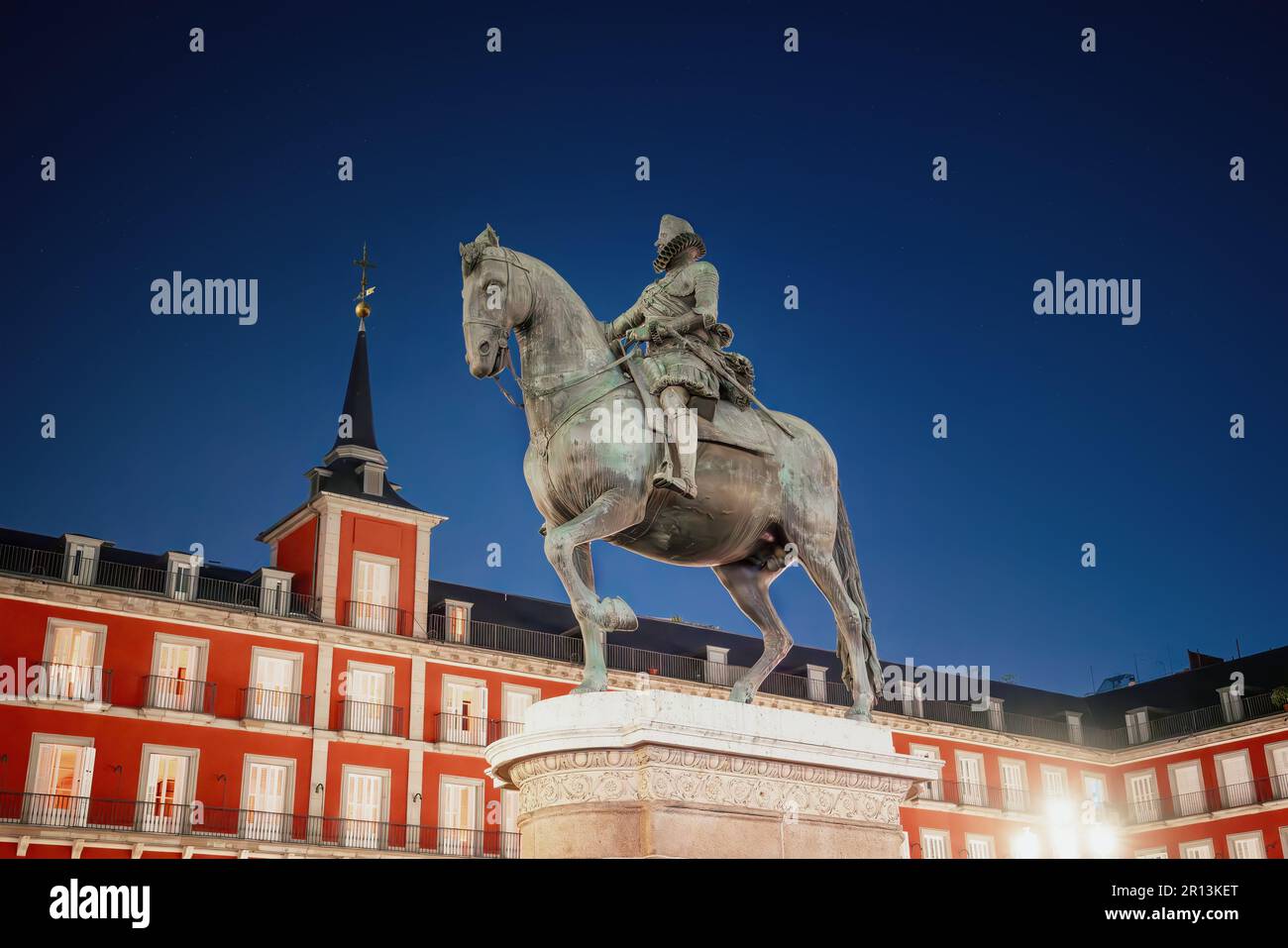King Philip III (Felipe III) statue at Plaza Mayor at night - Madrid ...