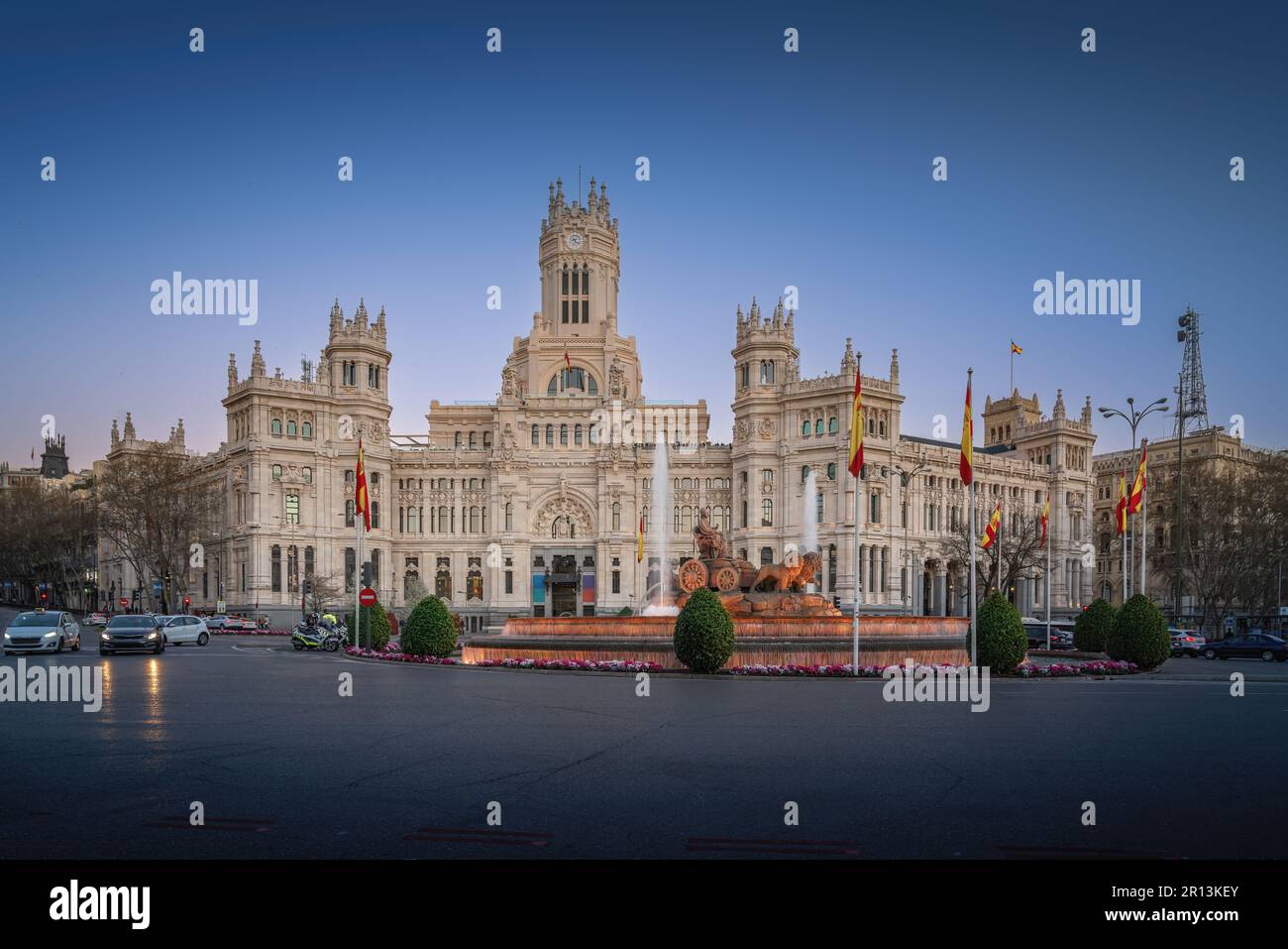 Plaza de Cibeles with Cibeles Palace and Fountain of Cybele at sunset ...