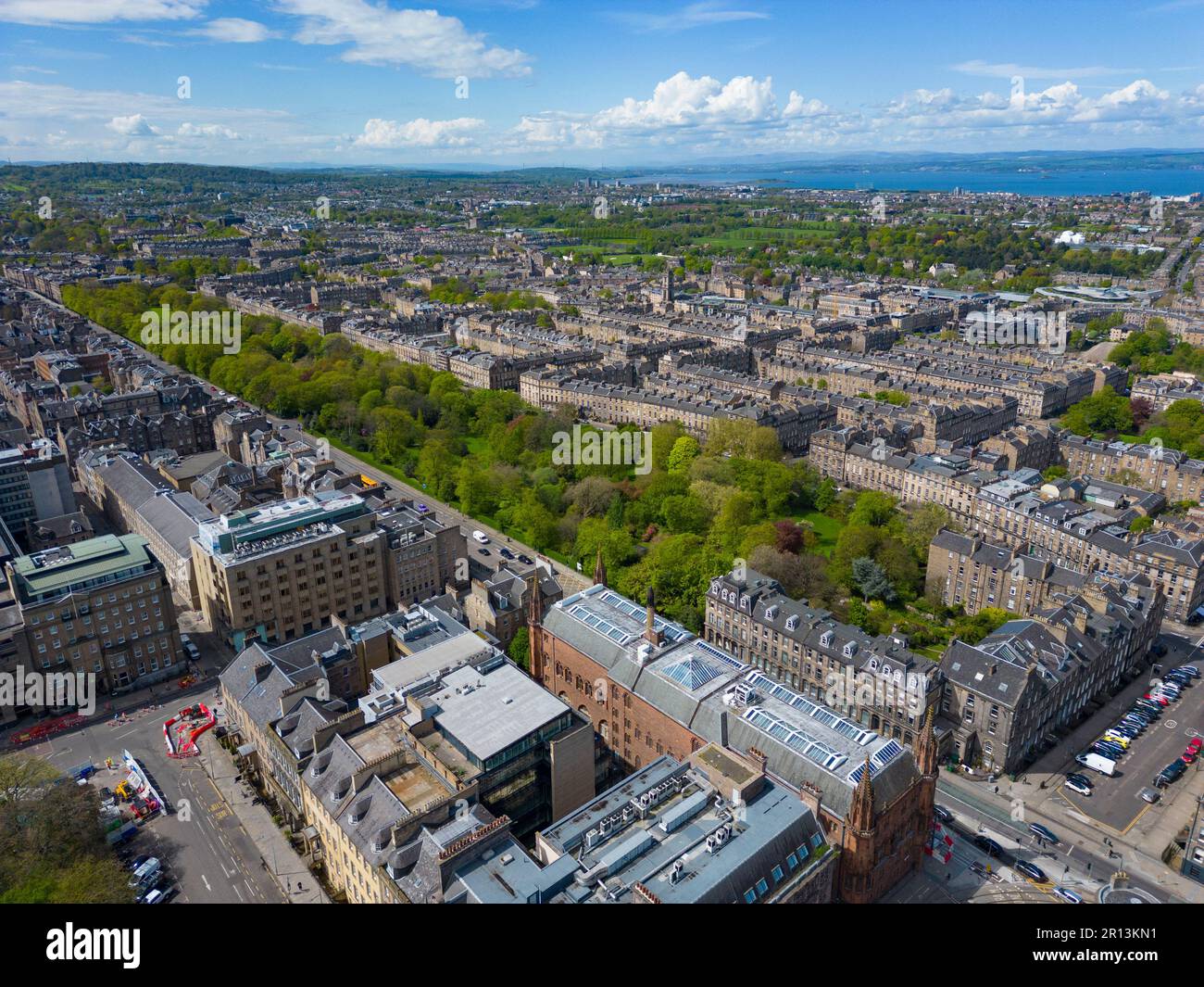 Aerial view of private gardens along Queen Street in Edinburgh New Town ...