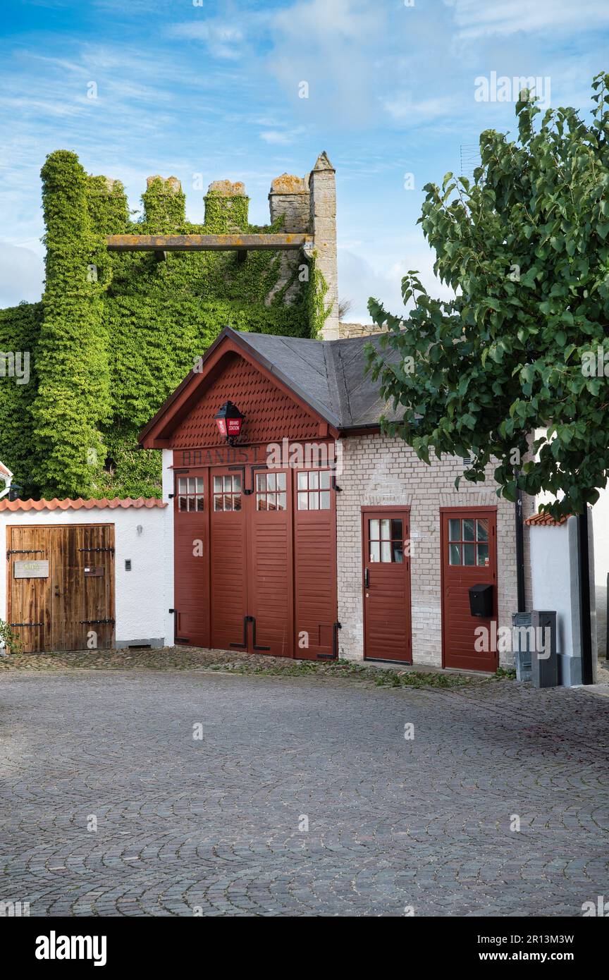 A historic fire department building in the medieval town of Visby ...