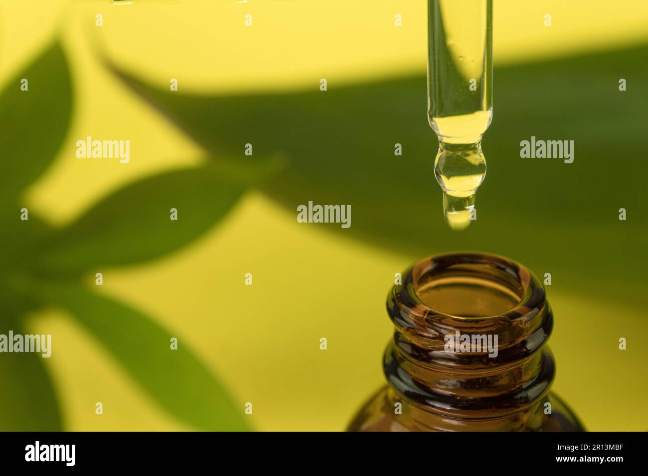 A drop of oil flows from the pipette. It drips into the neck of the ...