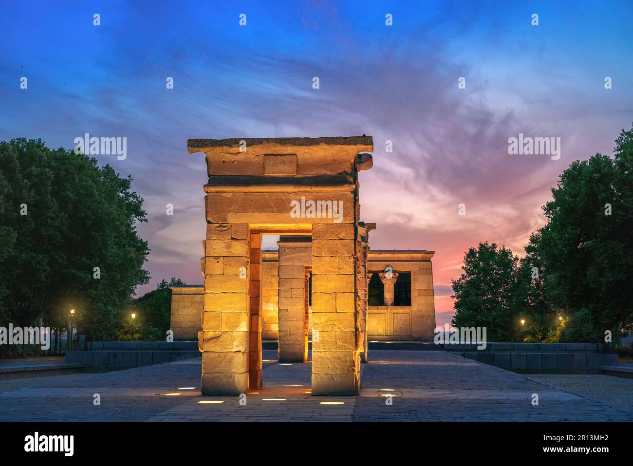 Illuminated Temple of Debod at sunset - ancient Egyptian temple at La ...