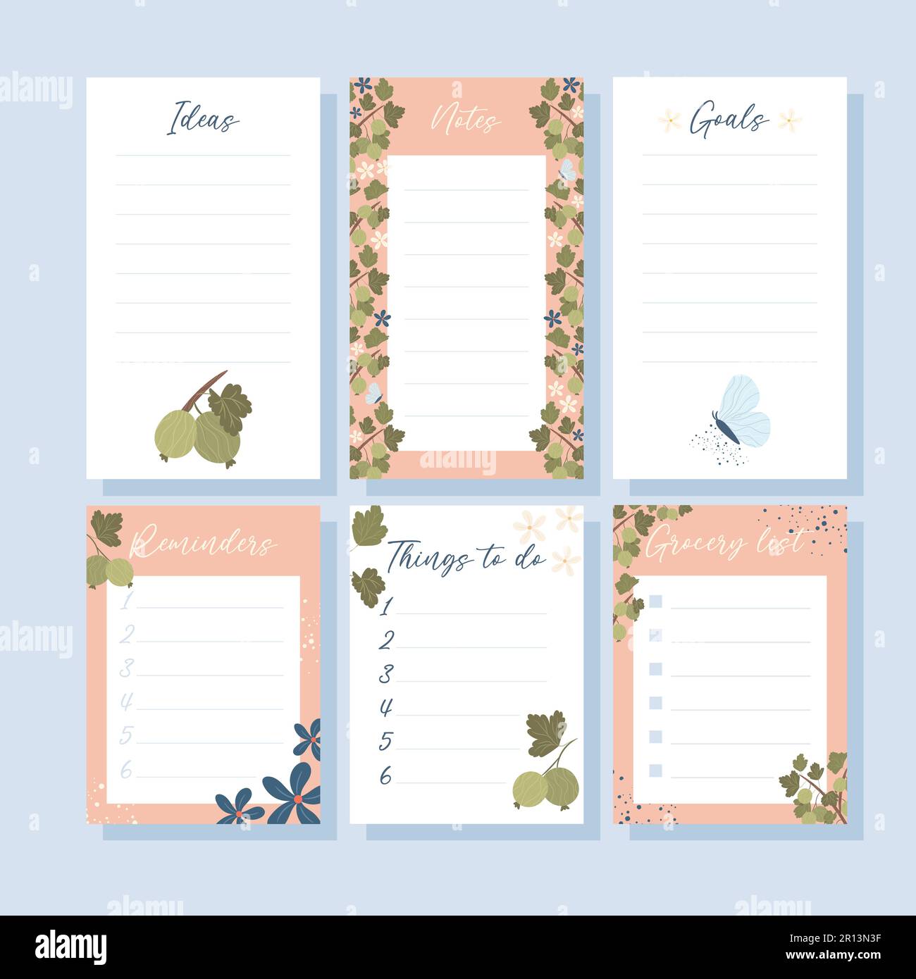 Printable notes set concept with green gooseberry plant illustration ...