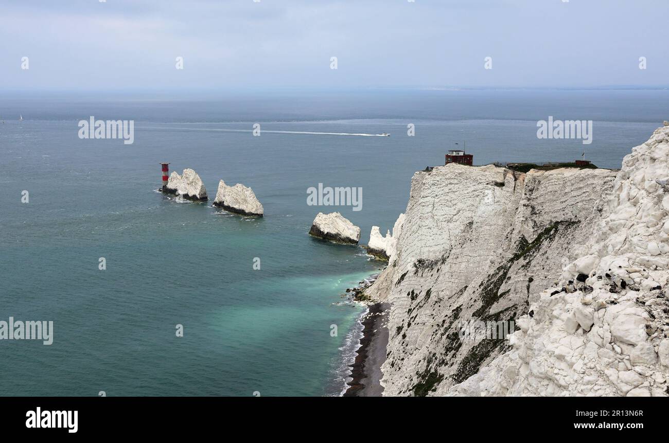 The Needles chalk stacks landmark off the Western coast of the Isle of ...