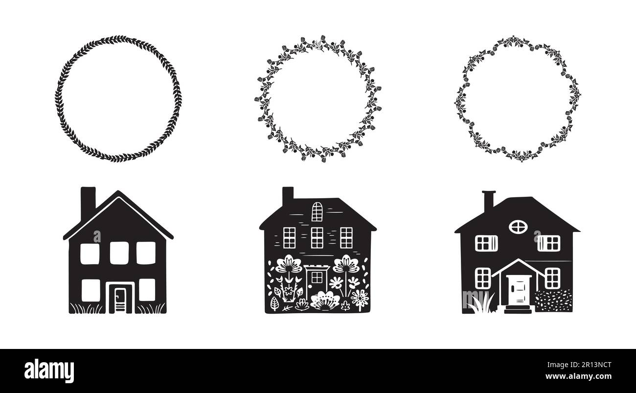 Set of quirky house illustrations with floral wreath vector motif ...